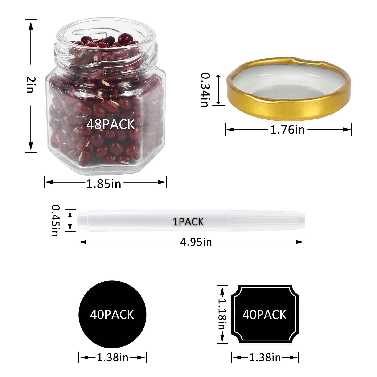 STARSIDE 48 Pack 1.5 oz Hexagon Glass Canning Jars with Gold Lids, Mini Jam Jars for Honey,Sauce,Baby Foods, Wedding Favors,DIY Small Spice Jars. Include 1 Pen and 80 Labels.