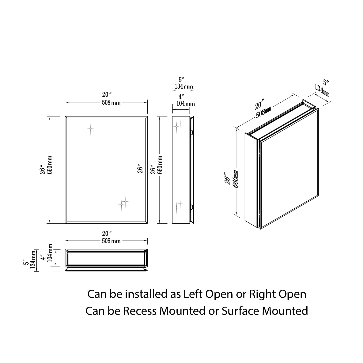 20 Inch x 26 Inch Aluminum Bathroom Medicine Cabinet, Recess Or Surface Mount