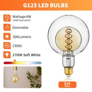 ALAMPEVER Large Globe LED Light Bulbs, Decorative Dimmable LED with 6W Equivalent to 40W Light Bulbs, 2700K Soft White, E26 Base, 300LM, CRI90, G125, Amber