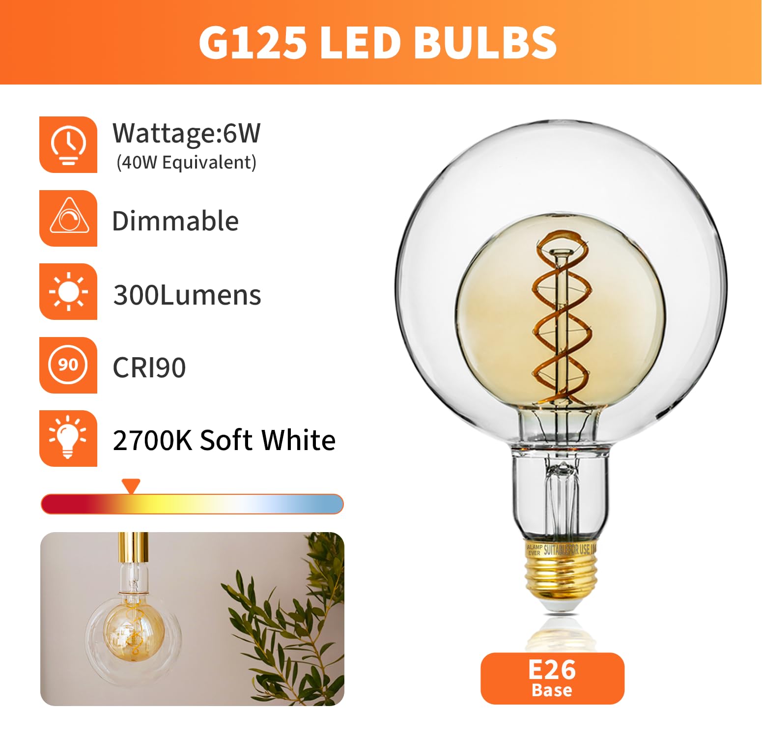 ALAMPEVER Large Globe LED Light Bulbs, Decorative Dimmable LED with 6W Equivalent to 40W Light Bulbs, 2700K Soft White, E26 Base, 300LM, CRI90, G125, Amber