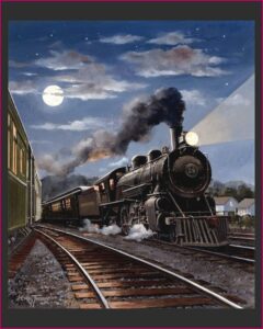 alina natetkova - 35" digital new fabric panel - south carolina locomotive steam engine train scene - fabric for crafts by alina natetkova