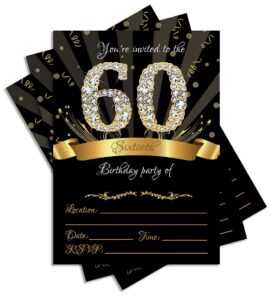 jt studios 60th birthday party invitations 5x7 black & gold cards with envelopes and gold metallic pen (pack of 25)