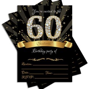 JT Studios 60th Birthday Party Invitations 5x7 Black & Gold Cards with Envelopes and Gold Metallic Pen (Pack of 25)