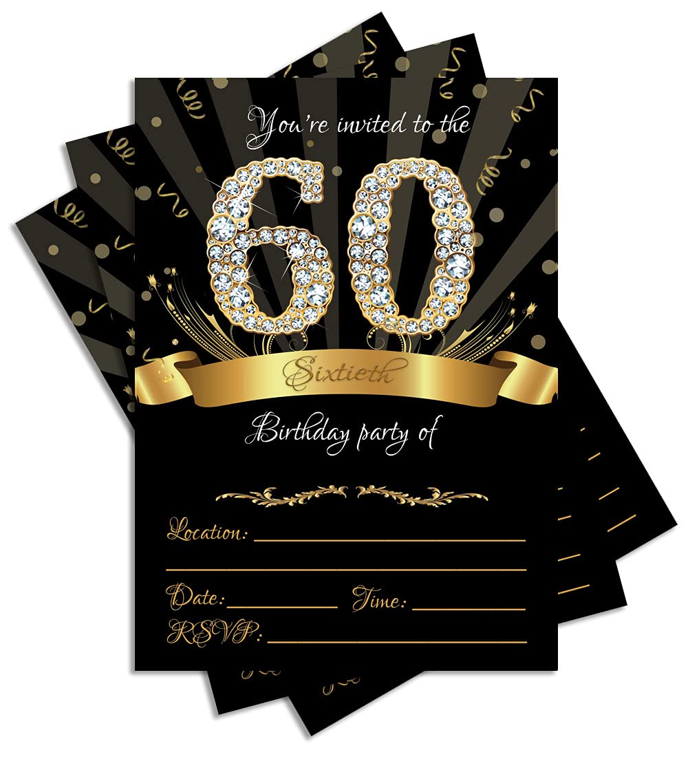 JT Studios 60th Birthday Party Invitations 5x7 Black & Gold Cards with Envelopes and Gold Metallic Pen (Pack of 25)