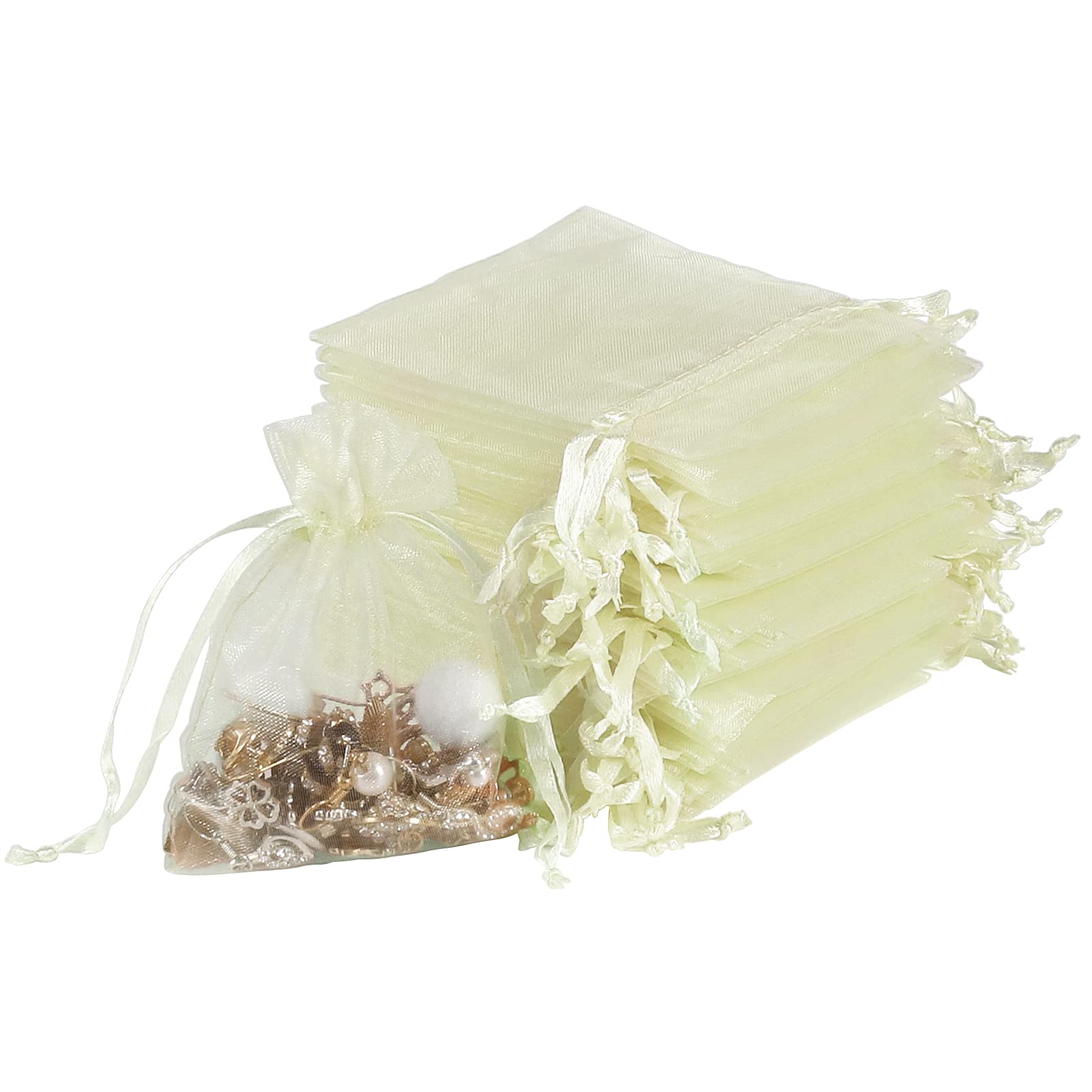 YQL Organza Bags 3x4,100PCS Ivory Organza Drawstring Bags Small Mesh Bags Organza Jewelry Pouches Wedding Party Valentine Gift Candy Bag