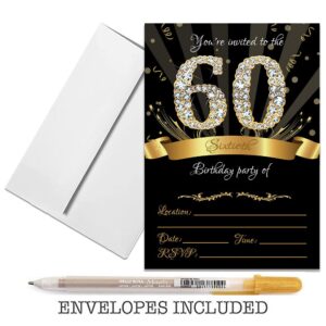 JT Studios 60th Birthday Party Invitations 5x7 Black & Gold Cards with Envelopes and Gold Metallic Pen (Pack of 25)