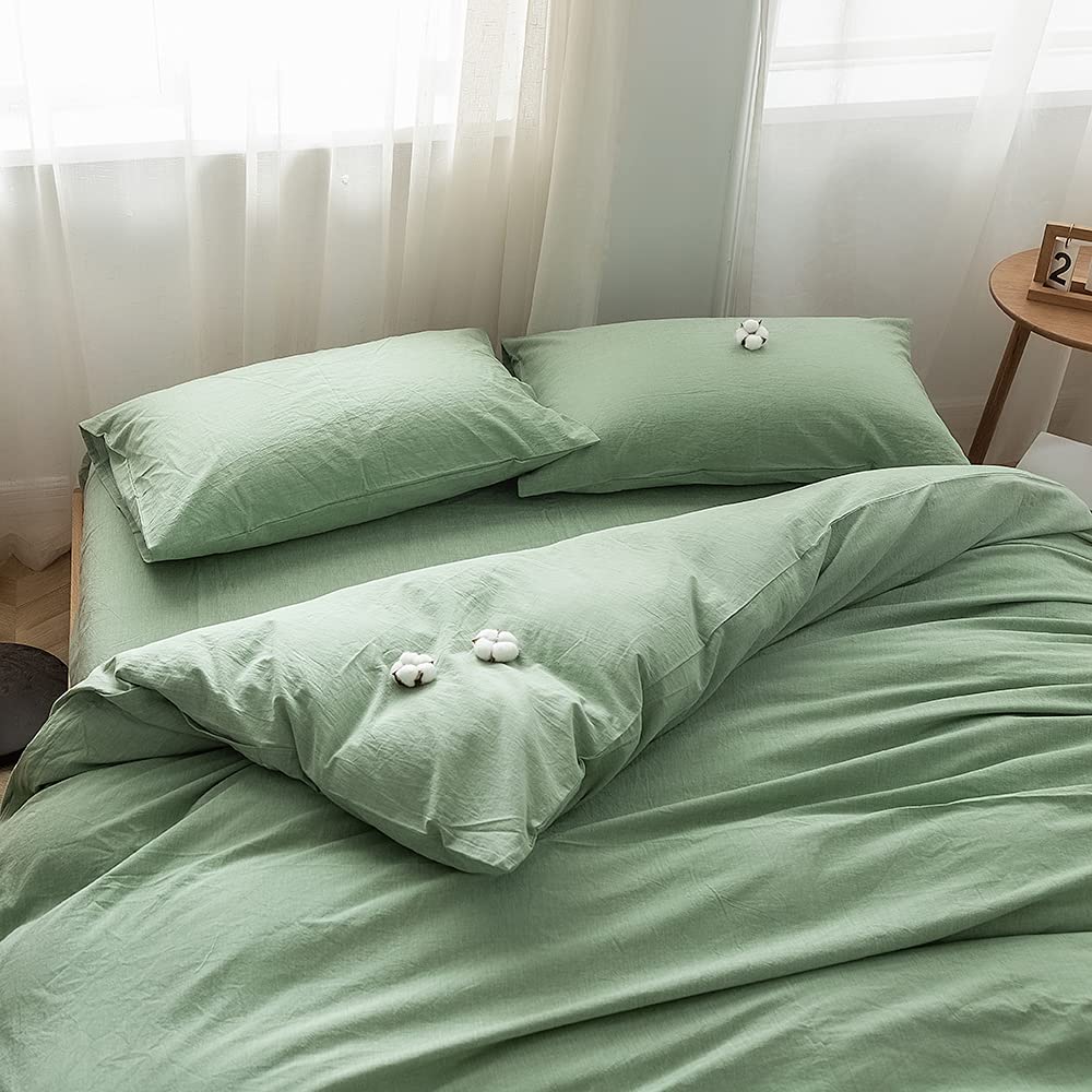 FACE TWO FACE Bedding Duvet Cover Set 3 Pieces 100% Washed Cotton Duvet Cover Linen Like Textured Breathable Durable Soft Comfy (Full, Green)