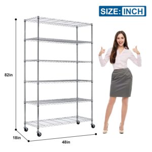 Hudada Garage Shelving 48 L×18 W×82 H Wire Shelving with Wheels Metal Storage Shelves Heavy Duty 6 Tier Adjustable Shelving with Casters for Restaurant Garage Pantry Kitchen Garage Rack - Chrome