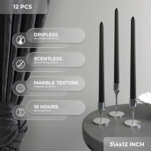 CANDWAX 12 inch Taper Candles Set of 12 - Dripless and Smokeless Candle Unscented - Slow Burning Black Tapered Candle Sticks Ideal for Halloween - Black Candles