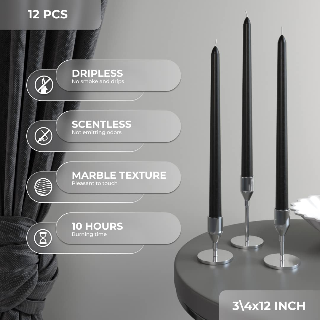 CANDWAX 12 inch Taper Candles Set of 12 - Dripless and Smokeless Candle Unscented - Slow Burning Black Tapered Candle Sticks Ideal for Halloween - Black Candles