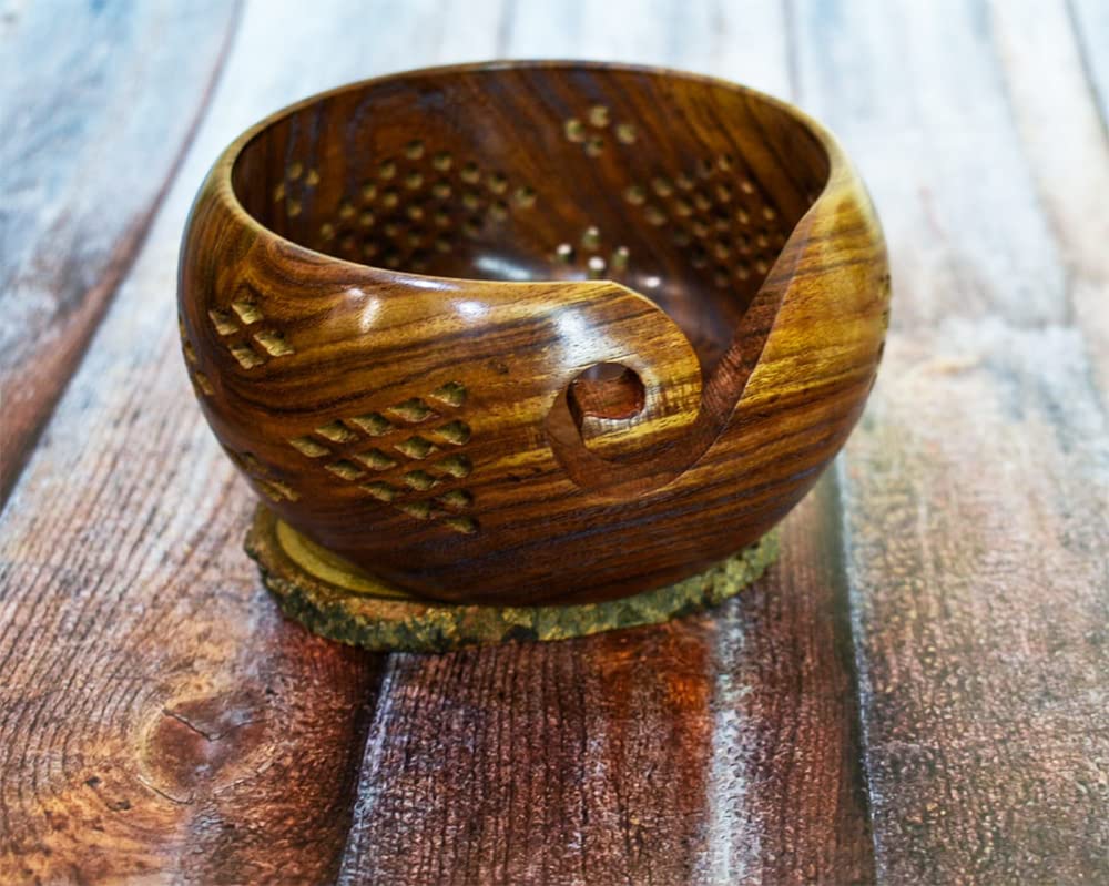 Ajuny Wooden Crafted large Yarn Ball Storage Bowl with Elegant Design Spiral Yarn Dispenser | Carved Holes | Knitting Crochet Accessories - Gift for ladies