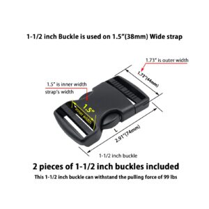 Baitoo Side Release Buckles,1 1/2 Inch Heavy Duty Dual Adjustable Plastic Buckle Snaps Clips 1.5 Inch Backpack Belt Buckle Replacement 2 Packs