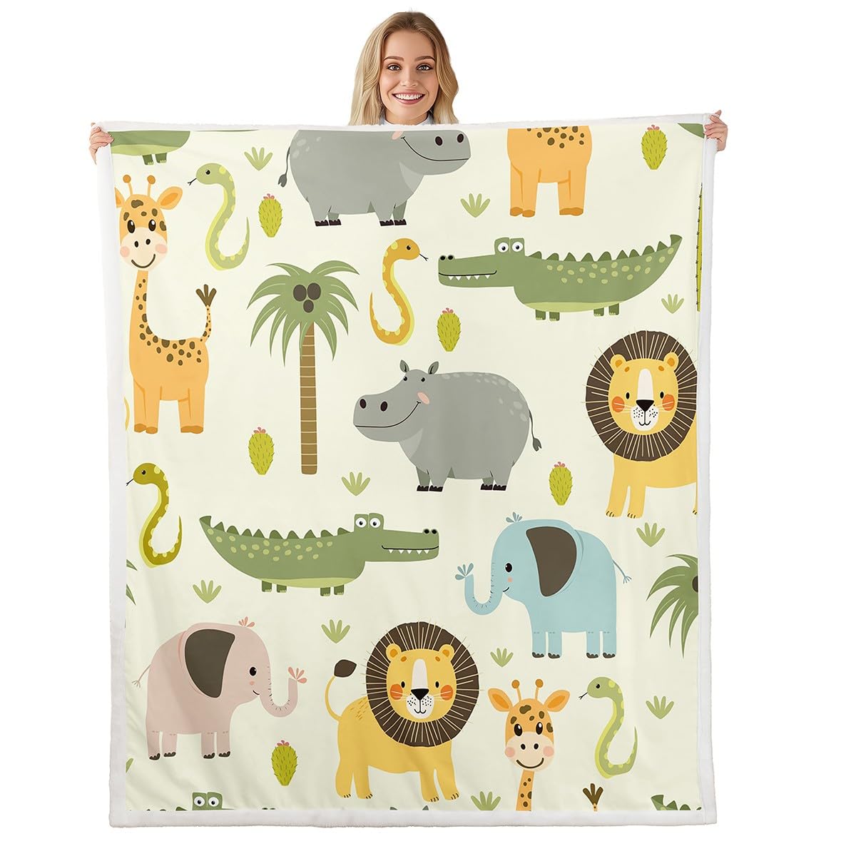 Nursery Cute Wild Animals Fleece Throw Blanket for Girls Boys Kids Cartoon Lion Giraffe Crocodile Plush Blanket Decor Nature Wildlife Sherpa Blanket Zoo Animal Theme Fuzzy Blanket Twin 60x80 Inch