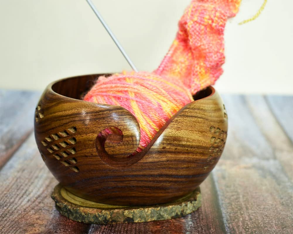 Ajuny Wooden Crafted large Yarn Ball Storage Bowl with Elegant Design Spiral Yarn Dispenser | Carved Holes | Knitting Crochet Accessories - Gift for ladies