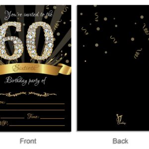 JT Studios 60th Birthday Party Invitations 5x7 Black & Gold Cards with Envelopes and Gold Metallic Pen (Pack of 25)