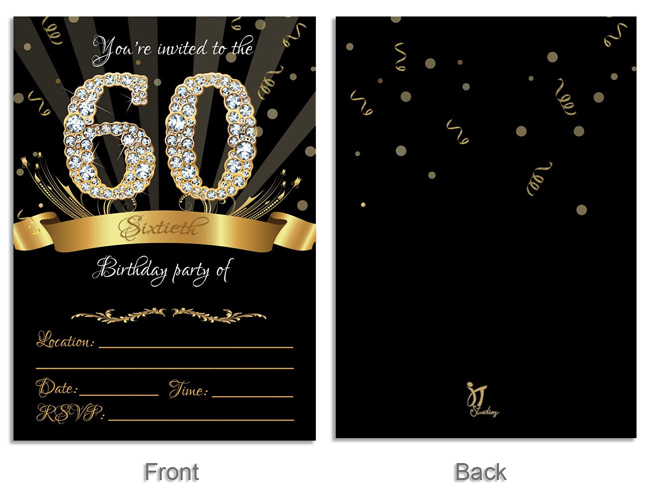 JT Studios 60th Birthday Party Invitations 5x7 Black & Gold Cards with Envelopes and Gold Metallic Pen (Pack of 25)