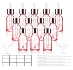 12 pack,0.5 oz/15ml pink glass dropper bottle for essential oils,empty eye dropper holder with glass reagent pipette,rose-golden caps perfume travel vial container-pipette,stickers,funnel included