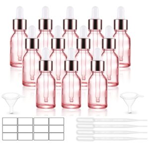 12 Pack,0.5 Oz/15ml Pink Glass Dropper Bottle for Essential Oils,Empty Eye Dropper Holder With Glass Reagent Pipette,Rose-Golden Caps Perfume Travel Vial Container-Pipette,Stickers,Funnel Included