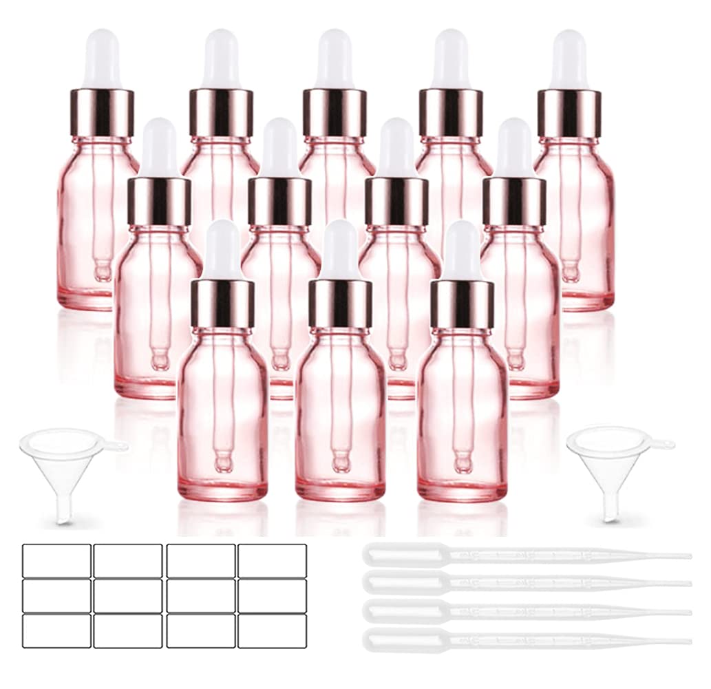 12 Pack,0.5 Oz/15ml Pink Glass Dropper Bottle for Essential Oils,Empty Eye Dropper Holder With Glass Reagent Pipette,Rose-Golden Caps Perfume Travel Vial Container-Pipette,Stickers,Funnel Included