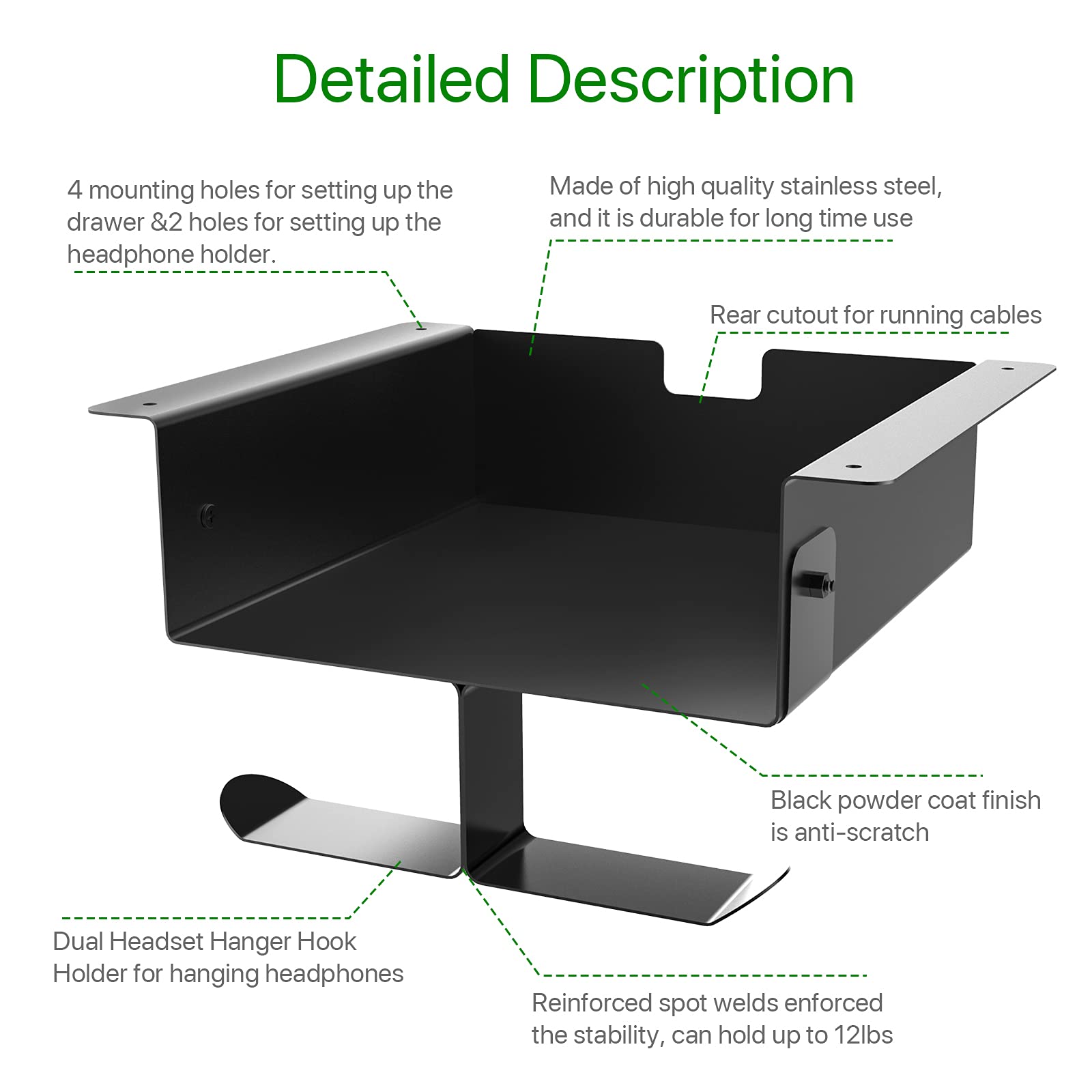 Ehaijia Stainless Steel Under Desk Storage Shelf with Dual Headset Hanger Hook Holder, Hidden Desk Drawer for Space Saving, Great Addition for Workstations, Easy to Install& Holds up to 10 lbs