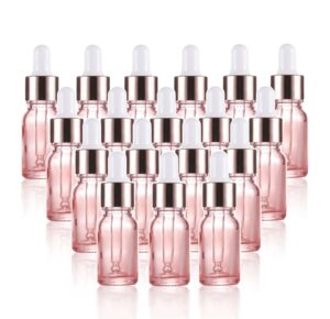 18 pack,10ml pink glass dropper bottle for essential oils,empty glass eye dropper bottle holder with glass reagent pipette,rose-golden caps cosmetic perfume travel vial