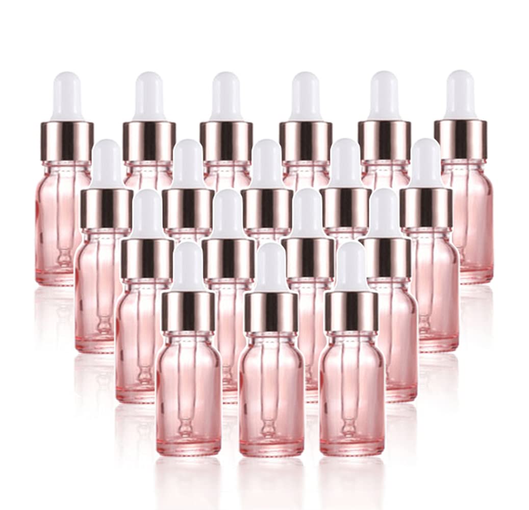 18 Pack,10ml Pink Glass Dropper Bottle for Essential Oils,Empty Glass Eye Dropper Bottle Holder With Glass Reagent Pipette,Rose-Golden Caps Cosmetic Perfume Travel Vial