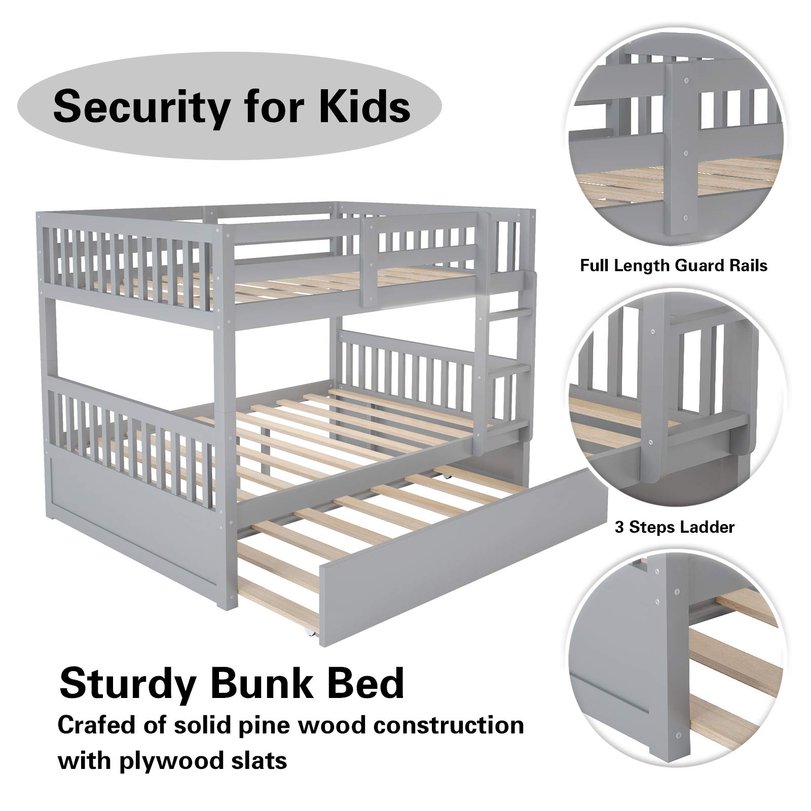 Olela Full Over Full Bunk Bed with Twin Trundle,Convertible Wood Full Bunk Bed Frame with Trundle Guard Rail Ladder for Kids Teens,No Box Spring Need,Gray