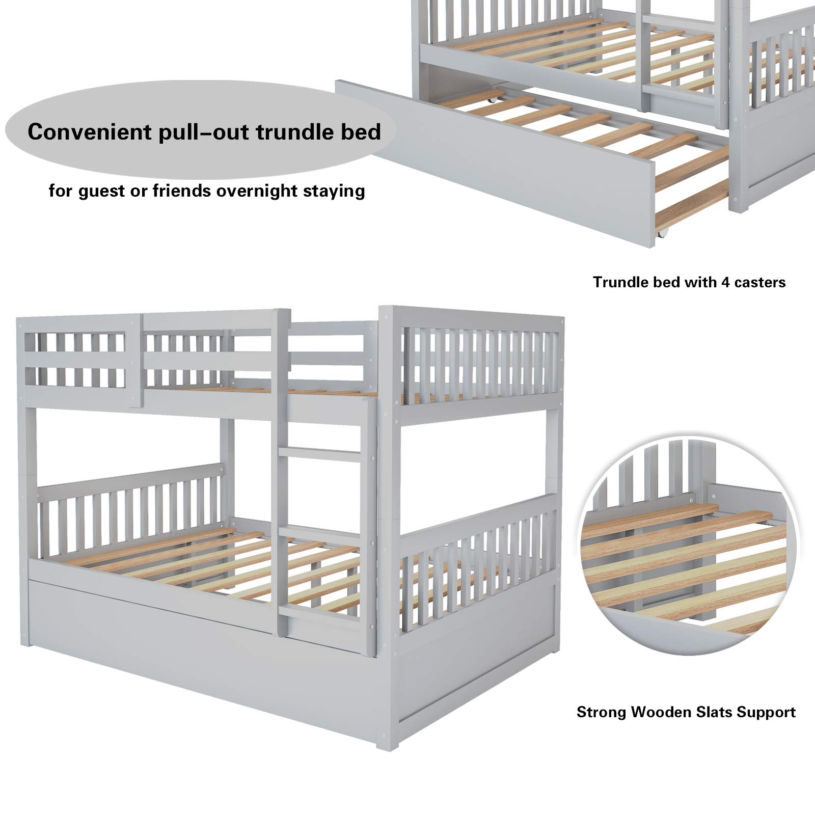 Olela Full Over Full Bunk Bed with Twin Trundle,Convertible Wood Full Bunk Bed Frame with Trundle Guard Rail Ladder for Kids Teens,No Box Spring Need,Gray