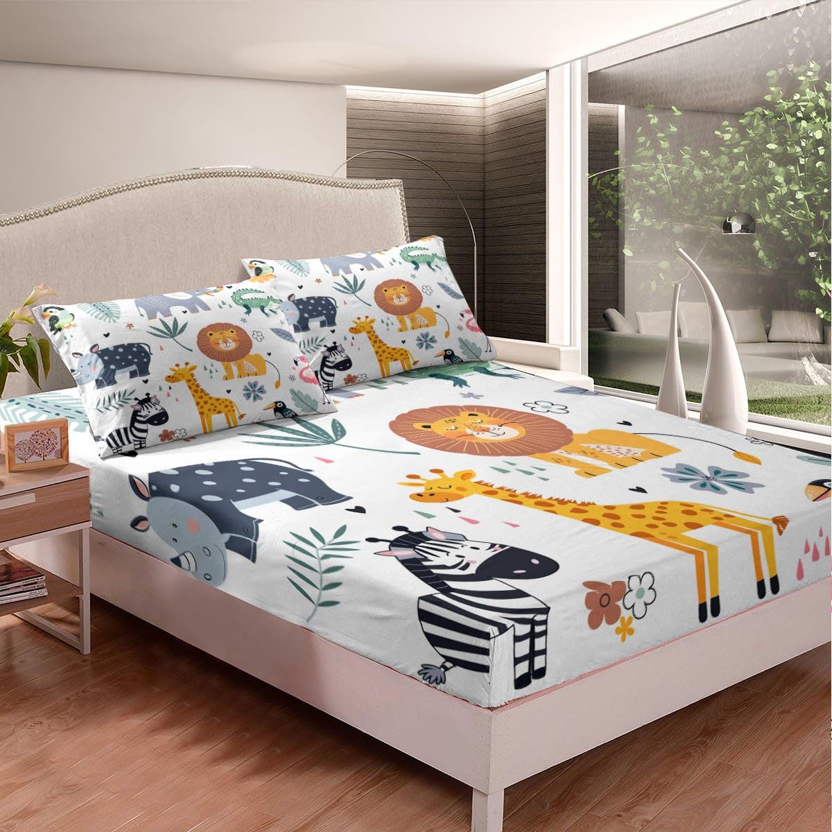 Kids Zoo Animal Fitted Sheet & Pillow Sham Set Cute Wild Animals Fitted Sheet Cartoon Safari Wild Print Bedding Set for Boys Girls Child Teens Bedroom Decor Exotic Natural Theme Bed Cover Twin Size…