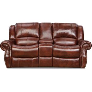 hanover aspen 100% genuine leather double-reclining sofa, small couch with nailhead trim, plush deep-seating couches for living room, den, or man cave, oxblood