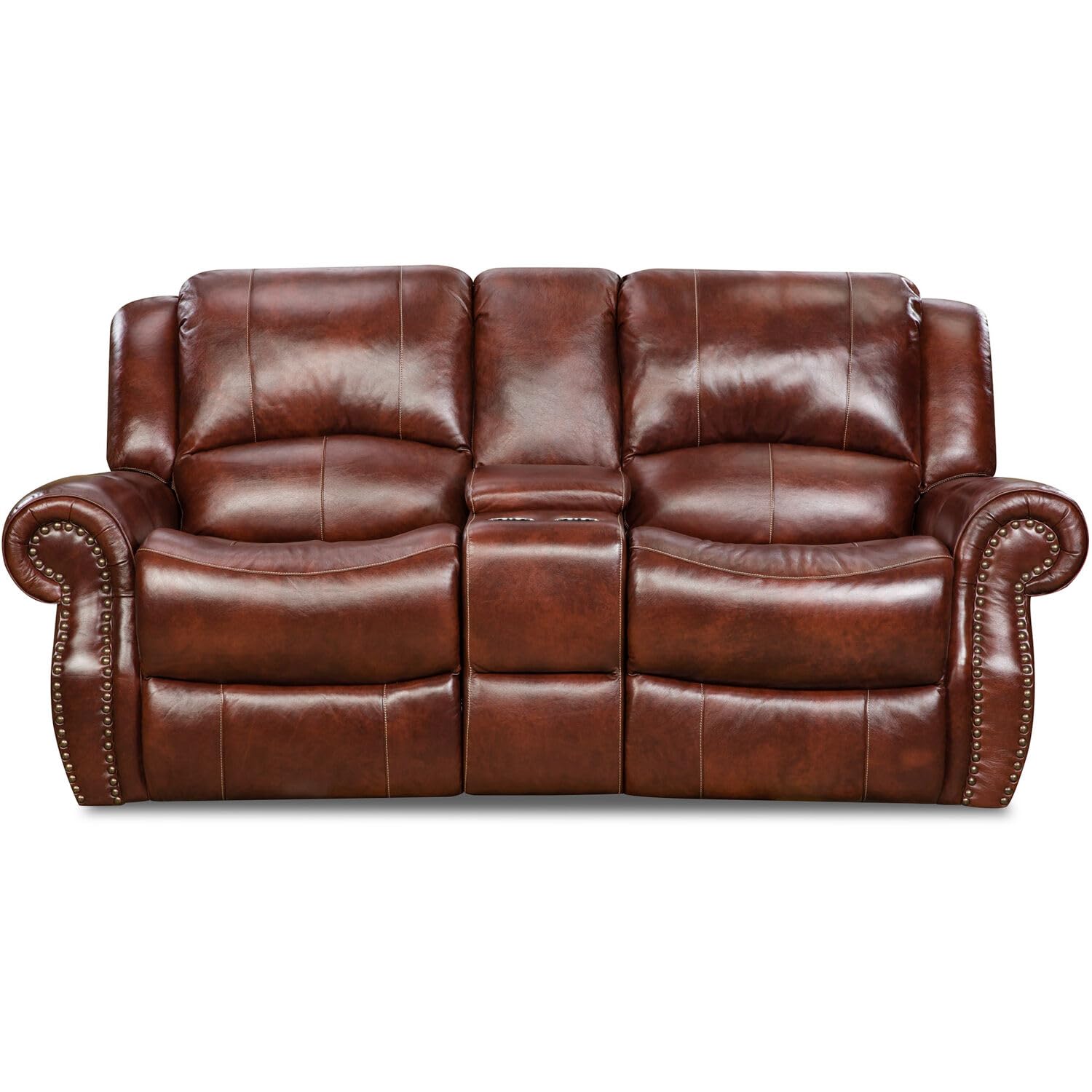 Hanover Aspen 100% Genuine Leather Double-Reclining Sofa, Small Couch with Nailhead Trim, Plush Deep-Seating Couches for Living Room, Den, or Man Cave, Oxblood