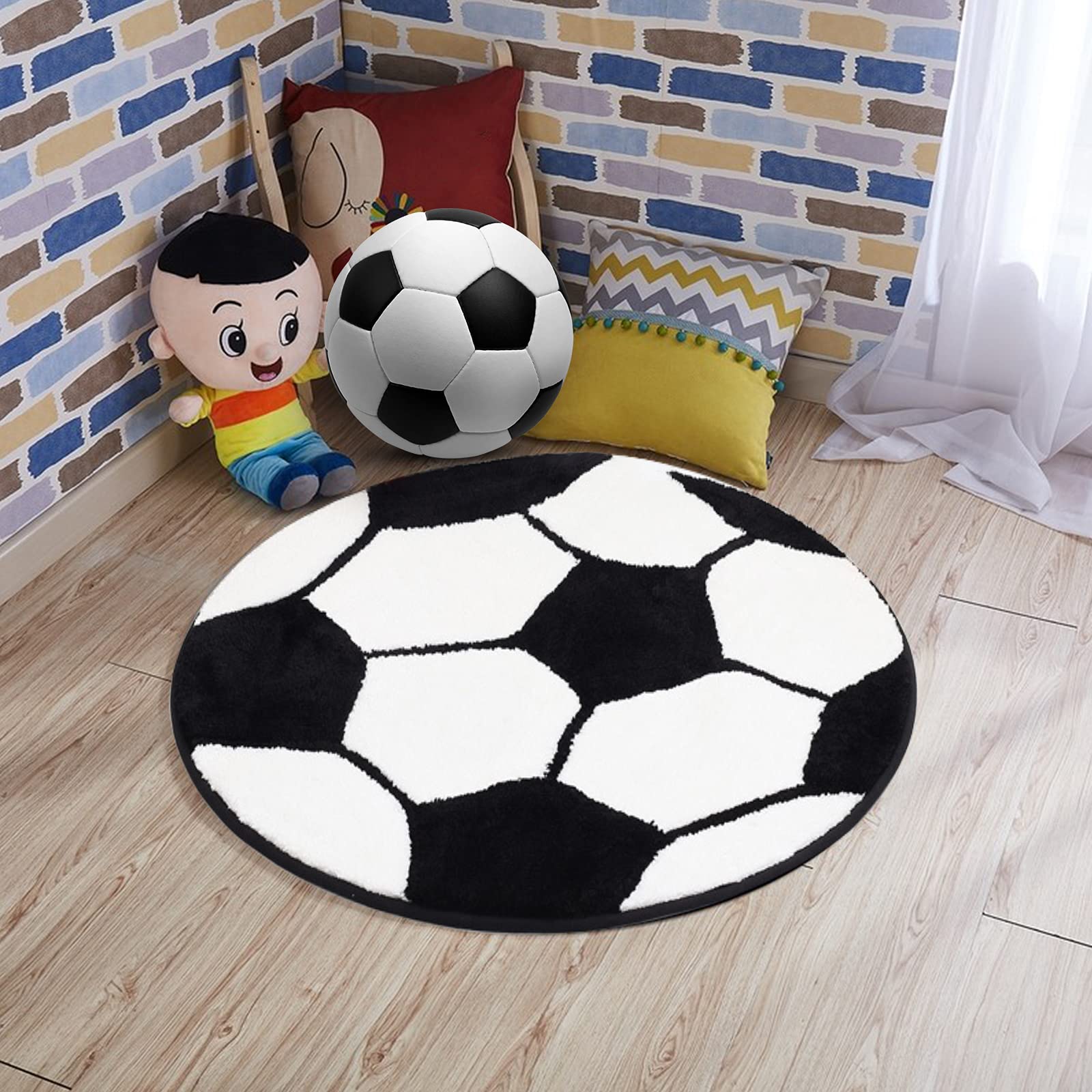 JeogYong Soccer Rug, Soft and Comfy Sports Themed Round Area Rugs Bedroom Living Room Carpet Kitchen Mat Bath Rugs for Bathroom, Soccer Themed Room Decor for Kids Bedroom Men Cave