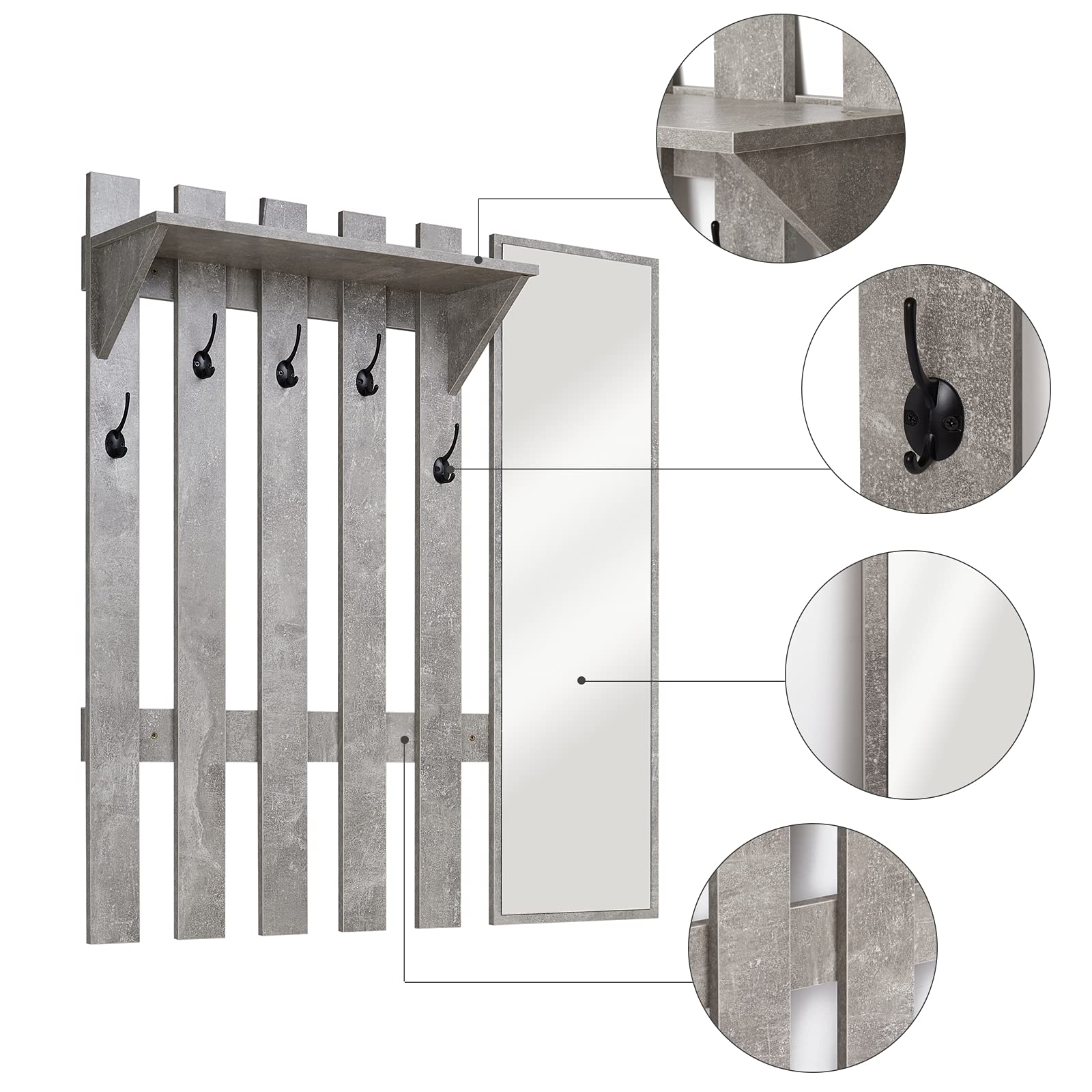 39.4" Coat Rack Wall Mount with Mirror, Wall Shelf with 5 Hooks and Storage for Hallway Entryway Modern (Grey)