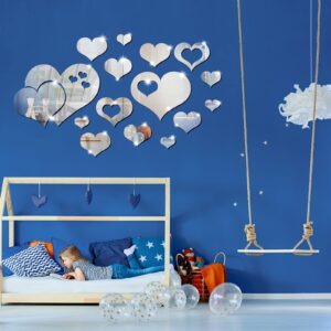 17 Pieces Heart Mirror Wall Decal 3D Acrylic Heart Mirrors Wall Art Decor Removable Heart Wall Sticker for Living Room Bedroom Home Decoration