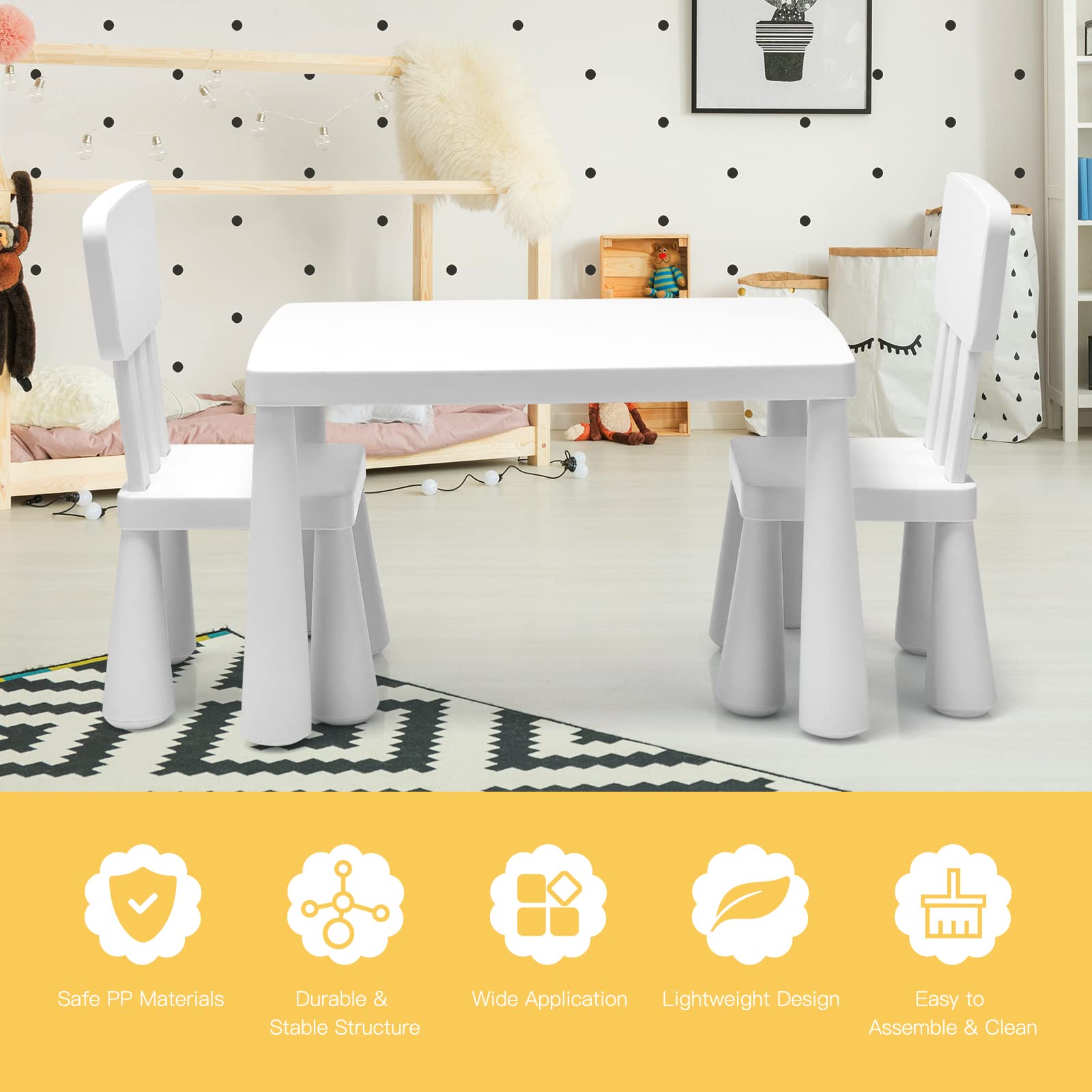 HONEY JOY Kids Table and Chair Set, Plastic Children Activity Table and 2 Chairs for Art Craft, Easy-Clean Tabletop, 3-Piece Toddler Furniture Set for Daycare Playroom, Gift for Boys Girls(White)