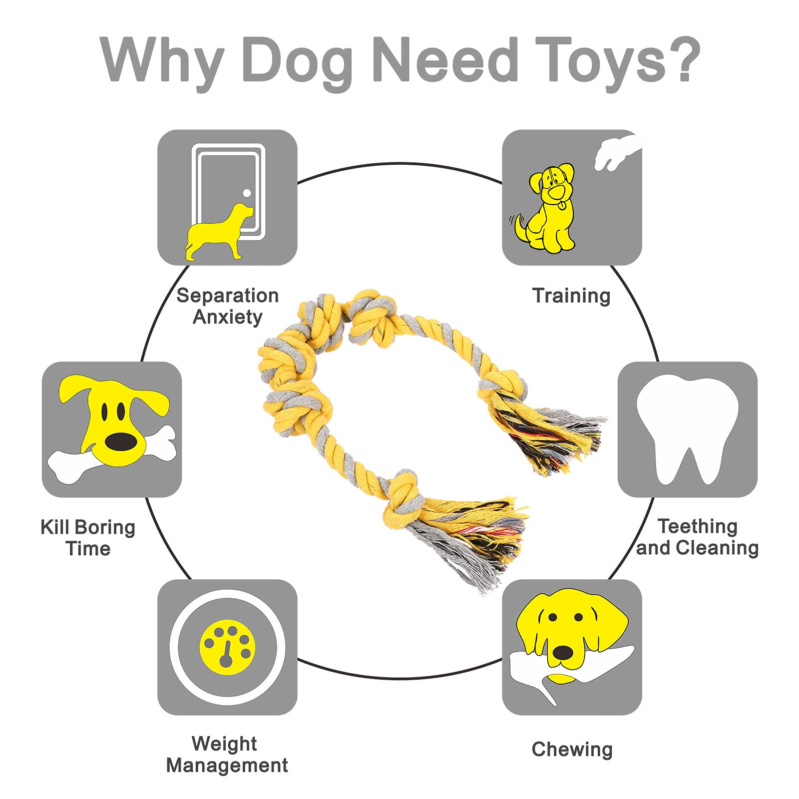 Caletoo Dog Rope Toys for Small Dogs, Rope Chew Toys for Aggressive Chewers, 22 Inchs Long 6 Knots Puppy Teething Chew Toy, Tug of War Interactive Tough Tug Dog Toys, Yellow