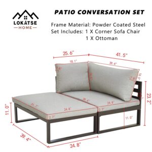 LOKATSE HOME 2 Piece Patio Furniture Conversation Set Outdoor Sectional Metal Steel Corner Sofa Armchiar Chair Couch with Ottoman, Grey