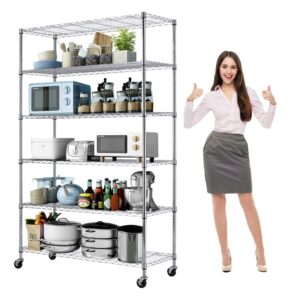 hudada garage shelving 48 l×18 w×82 h wire shelving with wheels metal storage shelves heavy duty 6 tier adjustable shelving with casters for restaurant garage pantry kitchen garage rack - chrome