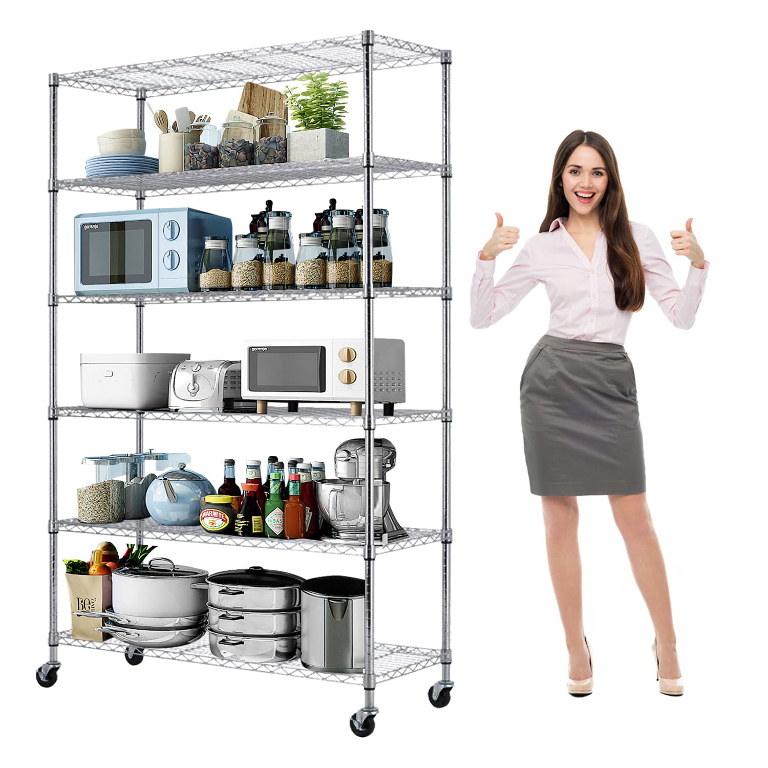 Hudada Garage Shelving 48 L×18 W×82 H Wire Shelving with Wheels Metal Storage Shelves Heavy Duty 6 Tier Adjustable Shelving with Casters for Restaurant Garage Pantry Kitchen Garage Rack - Chrome