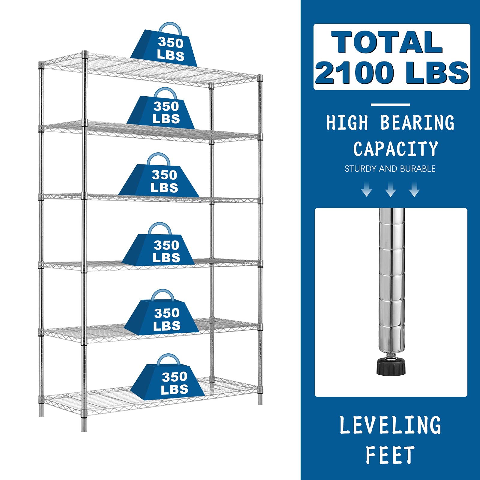 Hudada Garage Shelving 48 L×18 W×82 H Wire Shelving with Wheels Metal Storage Shelves Heavy Duty 6 Tier Adjustable Shelving with Casters for Restaurant Garage Pantry Kitchen Garage Rack - Chrome