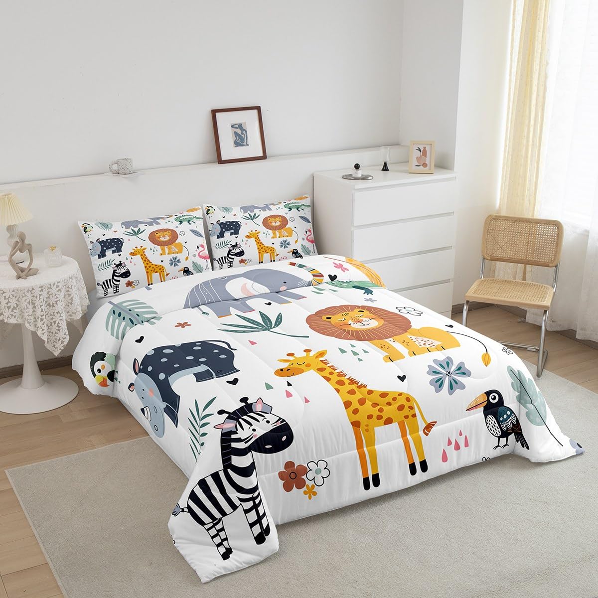 Feelyou Kids Zoo Animal Comforter Set Cute Wild Animals Bedding Set Cartoon Safari Wild Print Comforter for Boys Girls Children Teens Bedroom Decor Exotic Natural Theme Duvet Set Twin Size