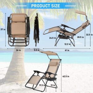 Zero Gravity Chair, 2 Pack Patio Lounge Chair Folding Outdoor Indoor Adjustable Backyard Recliner Chair Chaise with Cup Holder Tray and Canopy Shade for Pool, Beach, Lawn, Deck, Camping - Tan