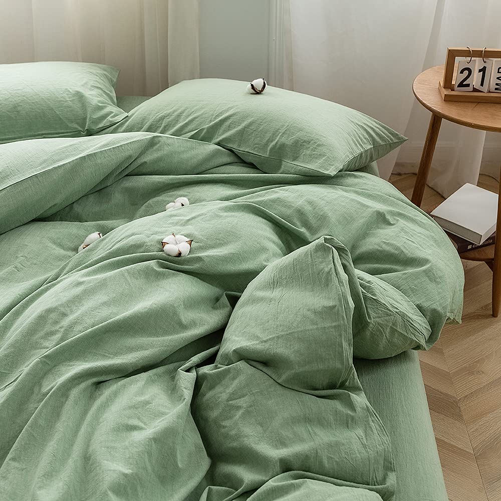 FACE TWO FACE Bedding Duvet Cover Set 3 Pieces 100% Washed Cotton Duvet Cover Linen Like Textured Breathable Durable Soft Comfy (Full, Green)