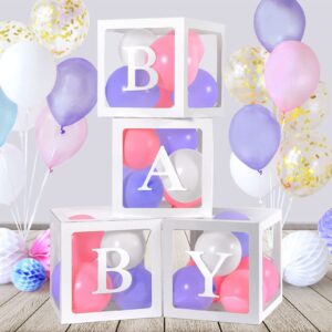 baby shower decorations for boy girl, 4pcs graduation decor blocks with 30pcs letters(a-z+baby) bridal shower decorations transparent ballon boxes gender reveal party supplies favor birthday backdrop