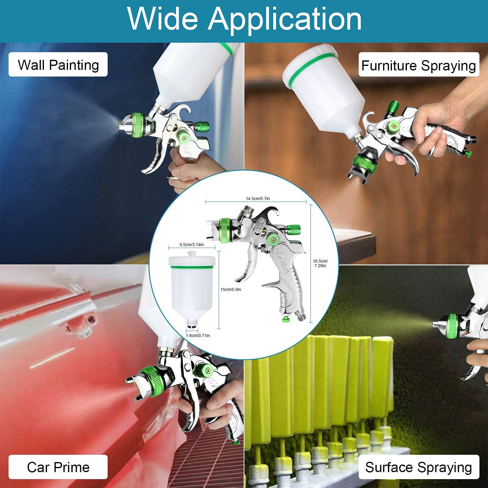 HVLP Spray Gun 1.4mm Tip with Replaceable 1.7mm 2.0mm Nozzle Hvlp Gravity Feed Paint Sprayer Gun with 600cc Color Cup and Wrench Air Spray Gun for Car Prime,Furniture Surface Painting,Base Coating