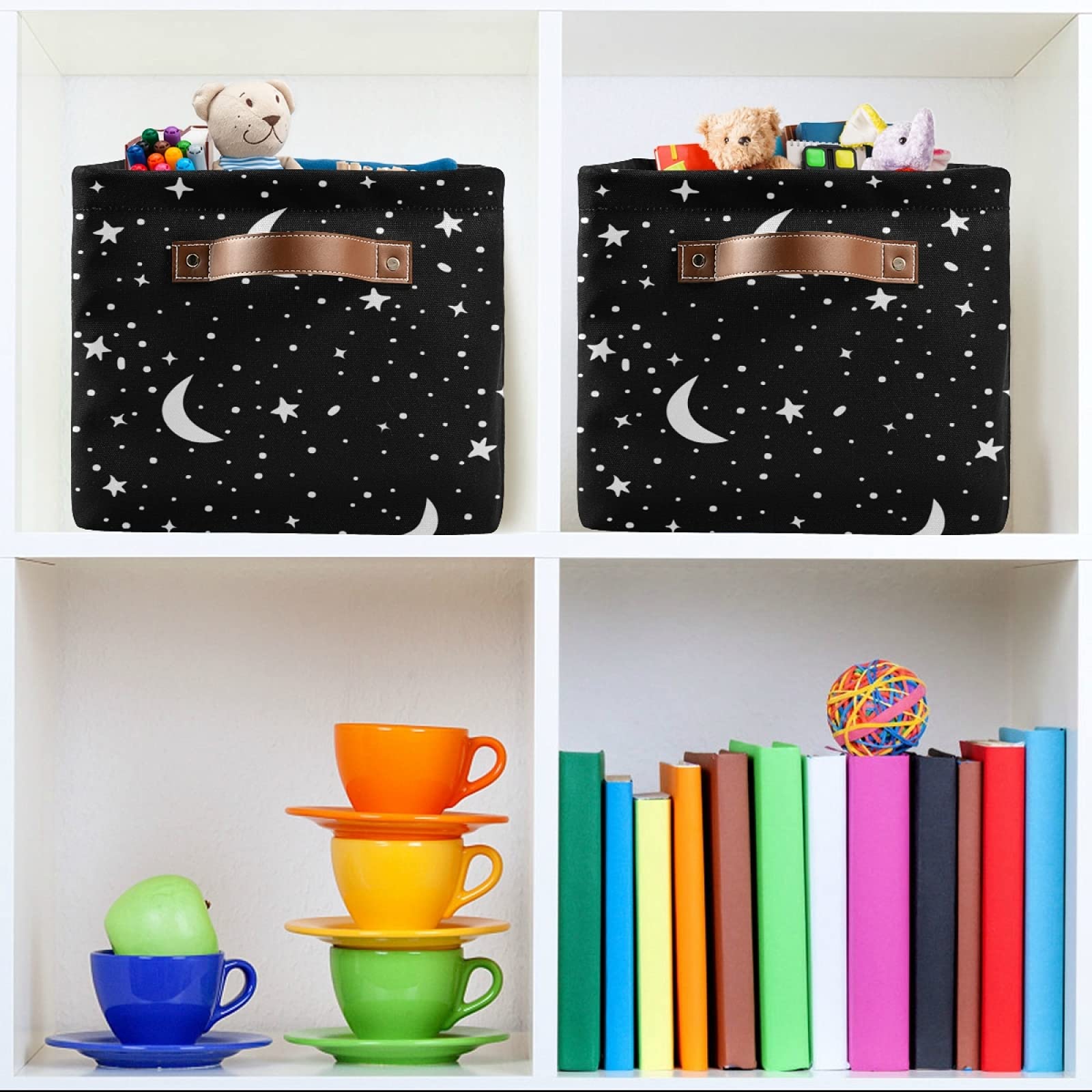 susiyo Black Space Star Moon Storage Bins 2 Pcs, 14 x 10 inch Canvas Storage Basket for Shelves Closet Organizing