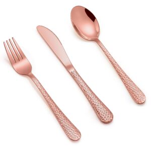 lianyu 12-piece kids copper silverware set, stainless steel toddler utensils, hammered metal preschooler flatware cutlery set, children tableware includes knives forks spoons, dishwasher safe