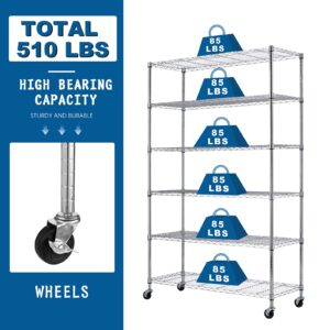 Hudada Garage Shelving 48 L×18 W×82 H Wire Shelving with Wheels Metal Storage Shelves Heavy Duty 6 Tier Adjustable Shelving with Casters for Restaurant Garage Pantry Kitchen Garage Rack - Chrome