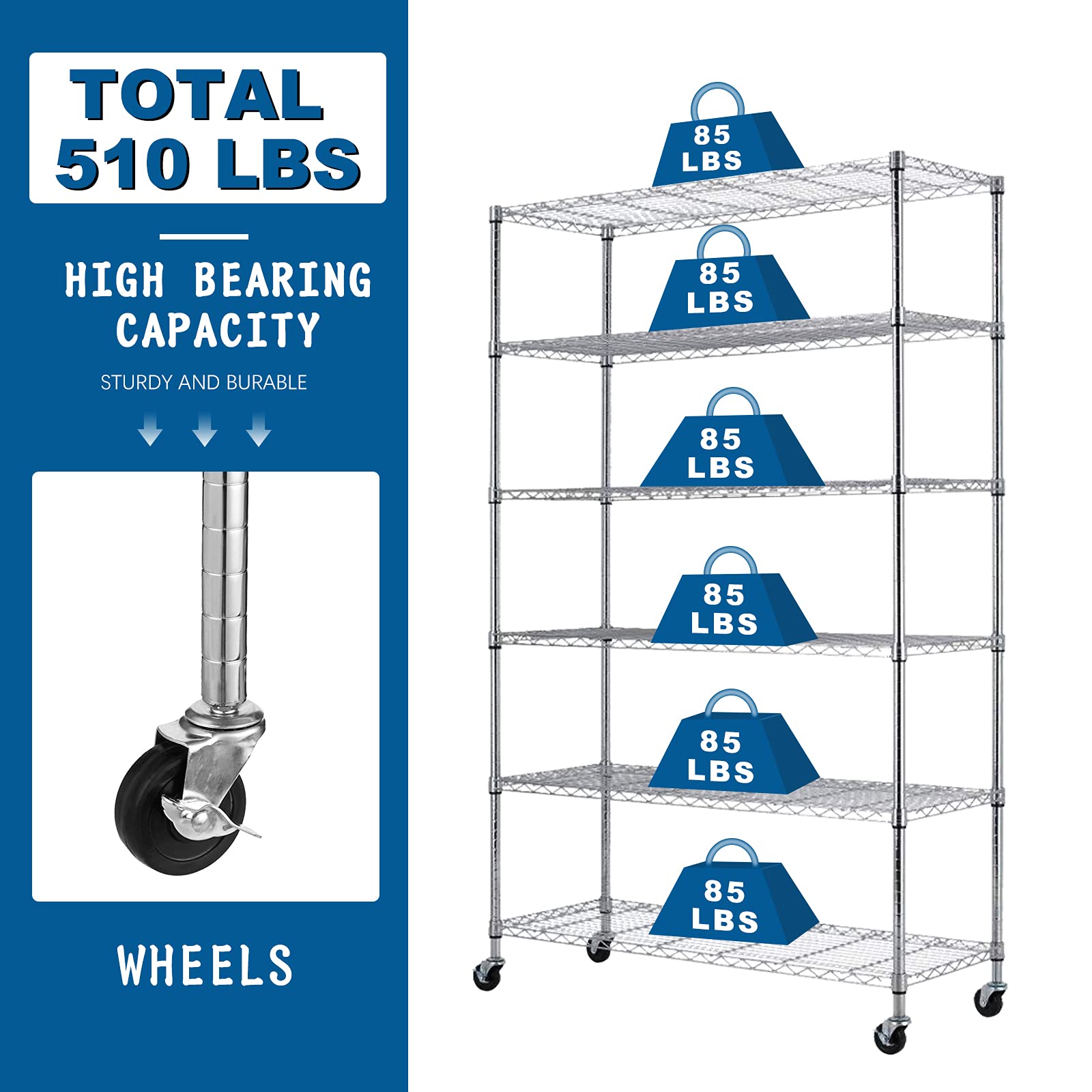 Hudada Garage Shelving 48 L×18 W×82 H Wire Shelving with Wheels Metal Storage Shelves Heavy Duty 6 Tier Adjustable Shelving with Casters for Restaurant Garage Pantry Kitchen Garage Rack - Chrome