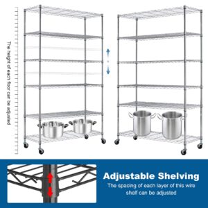 Hudada Garage Shelving 48 L×18 W×82 H Wire Shelving with Wheels Metal Storage Shelves Heavy Duty 6 Tier Adjustable Shelving with Casters for Restaurant Garage Pantry Kitchen Garage Rack - Chrome